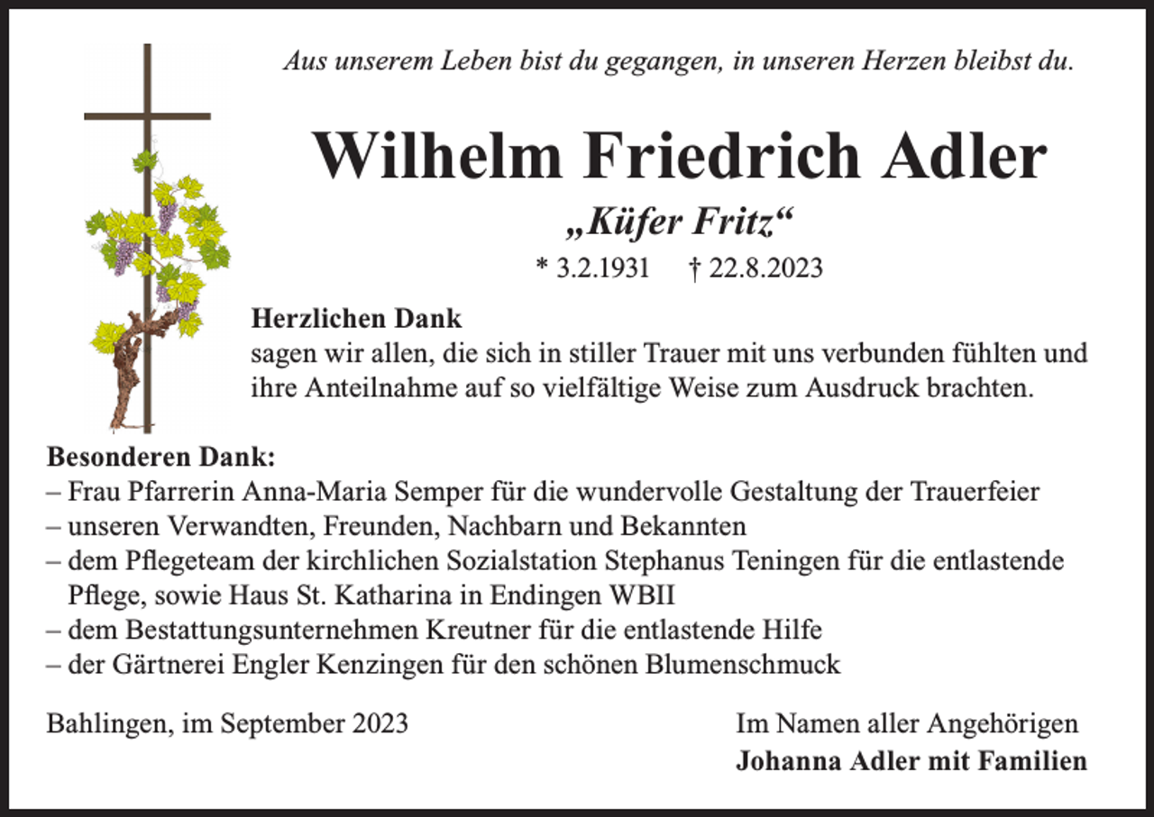Wilhelm Friedrich Adler | Traueranzeigen, Nachrufe & Danksagungen auf ...