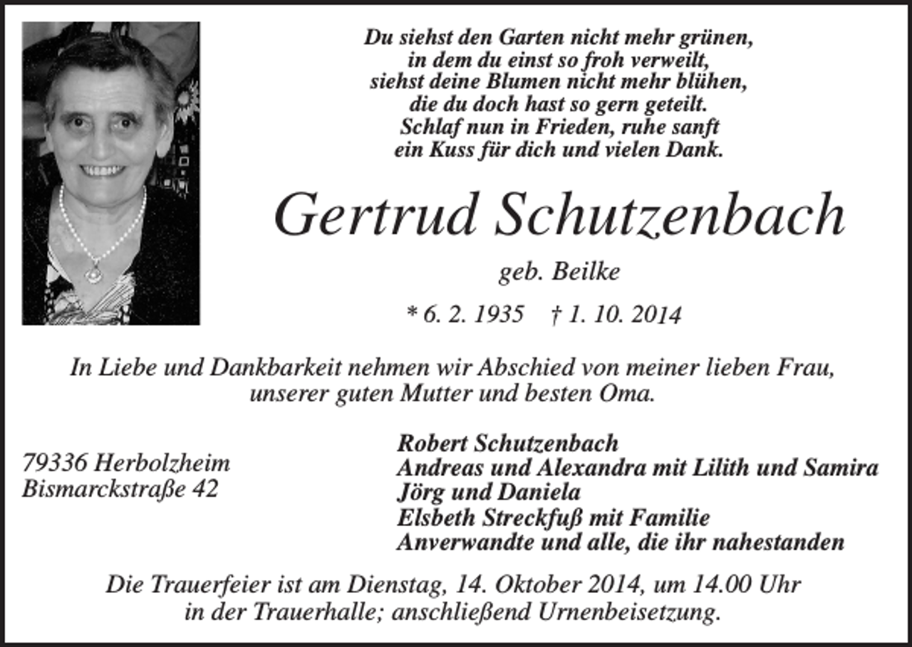 Gertrud Schutzenbach | Traueranzeigen, Nachrufe & Danksagungen auf ...