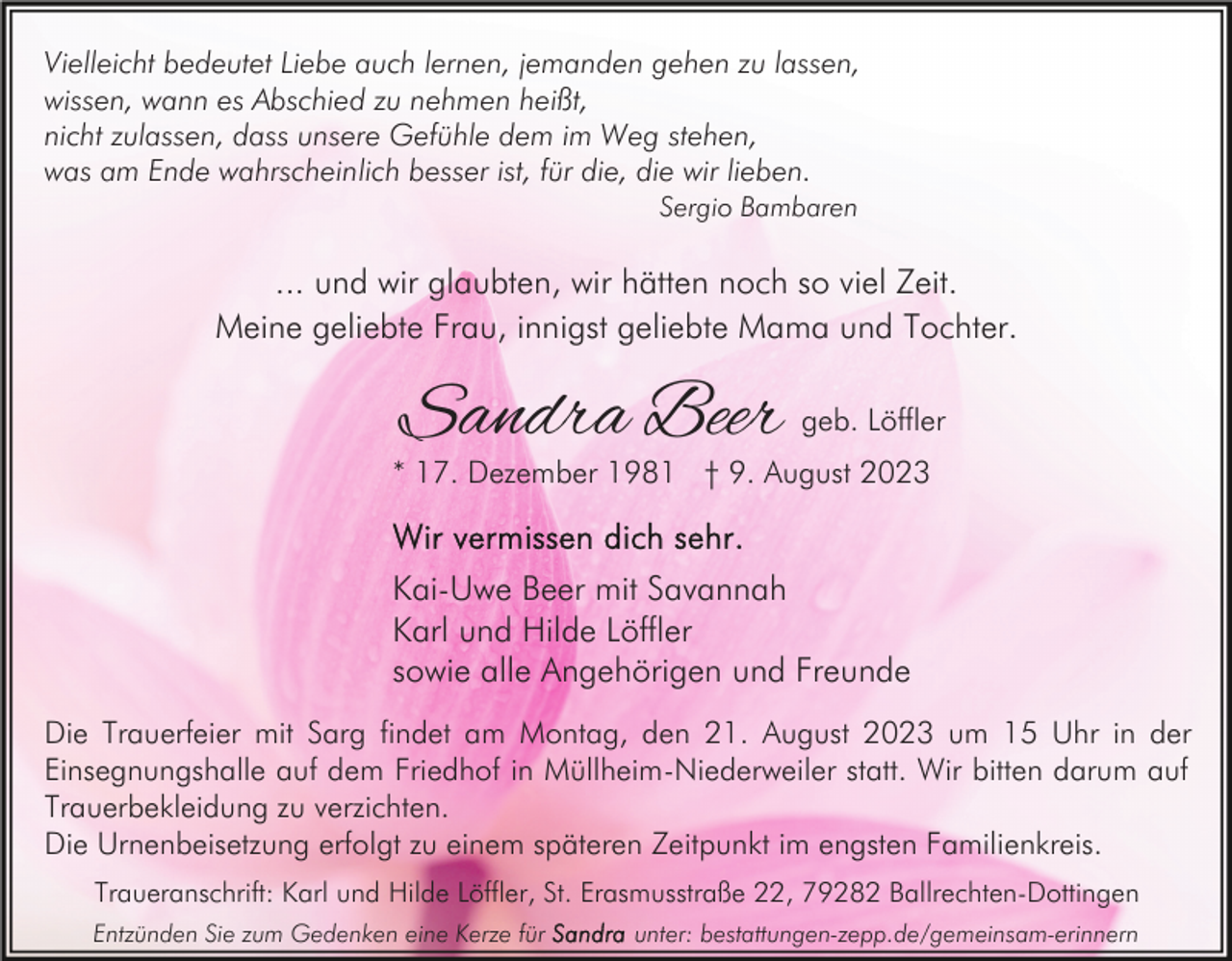Sandra Beer | Traueranzeigen, Nachrufe & Danksagungen auf BZtrauer.de