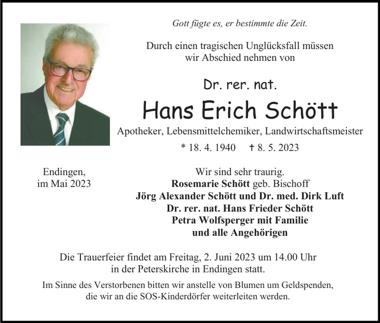 Hans Erich Schött | Traueranzeigen, Nachrufe & Danksagungen auf BZtrauer.de