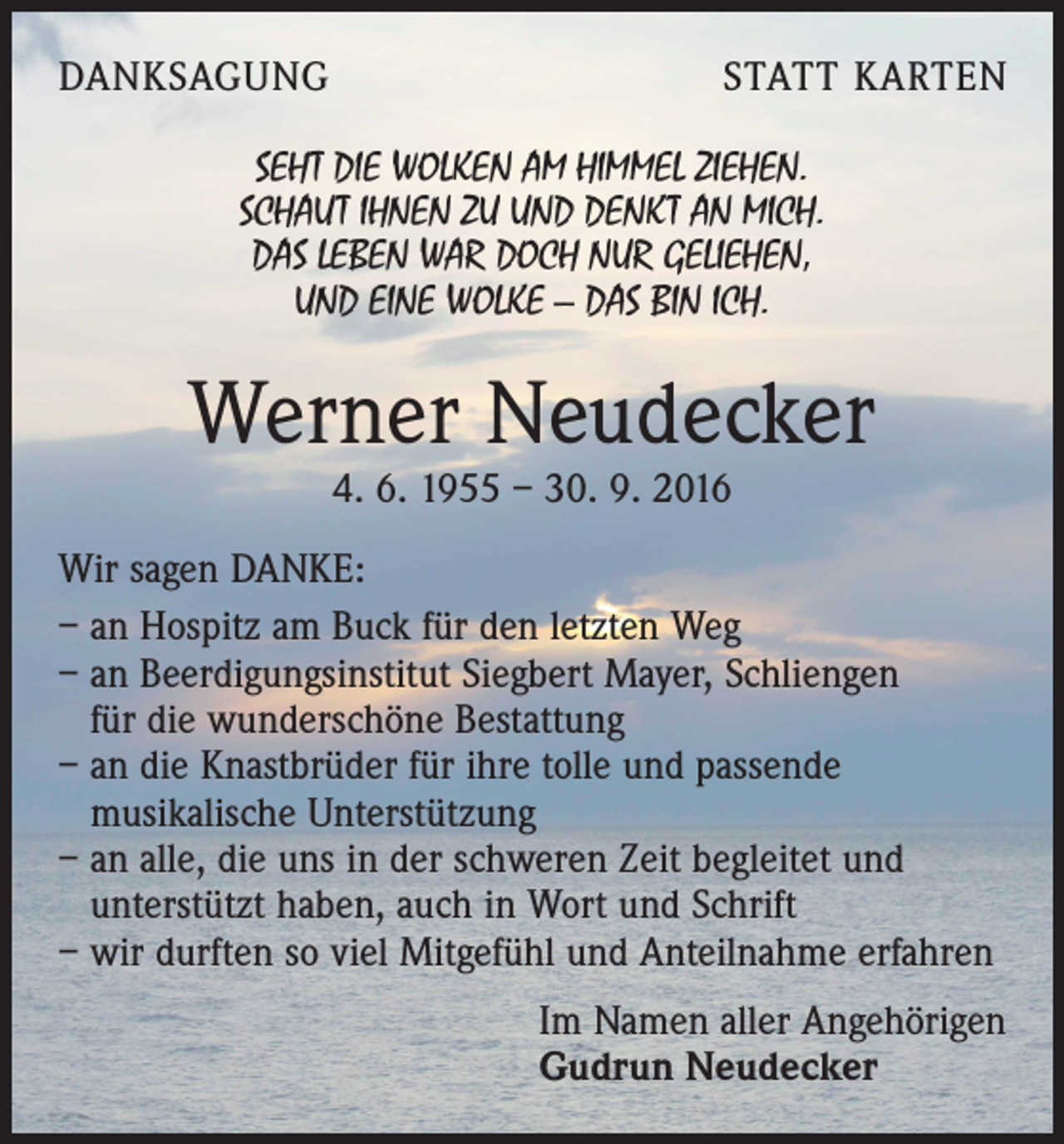 Werner Neudecker | Traueranzeigen, Nachrufe & Danksagungen auf BZtrauer.de