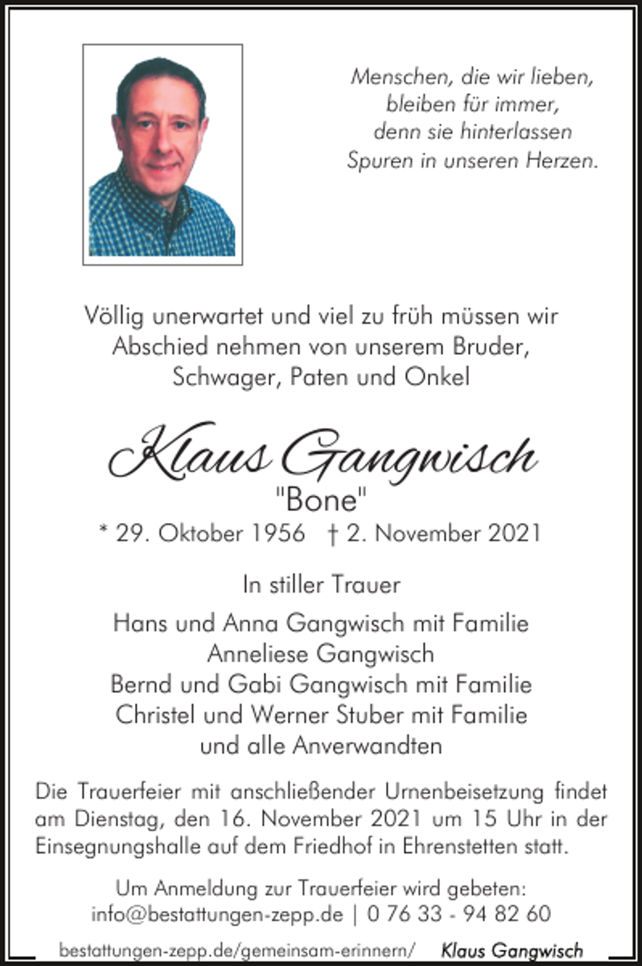 Klaus Gangwisch | Traueranzeigen, Nachrufe & Danksagungen auf BZtrauer.de