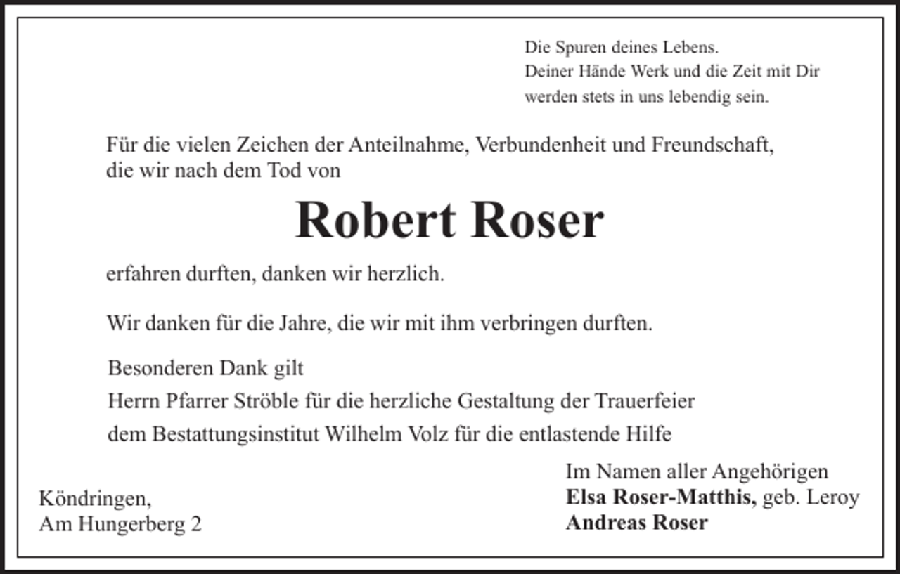 Robert Roser | Traueranzeigen, Nachrufe & Danksagungen auf BZtrauer.de