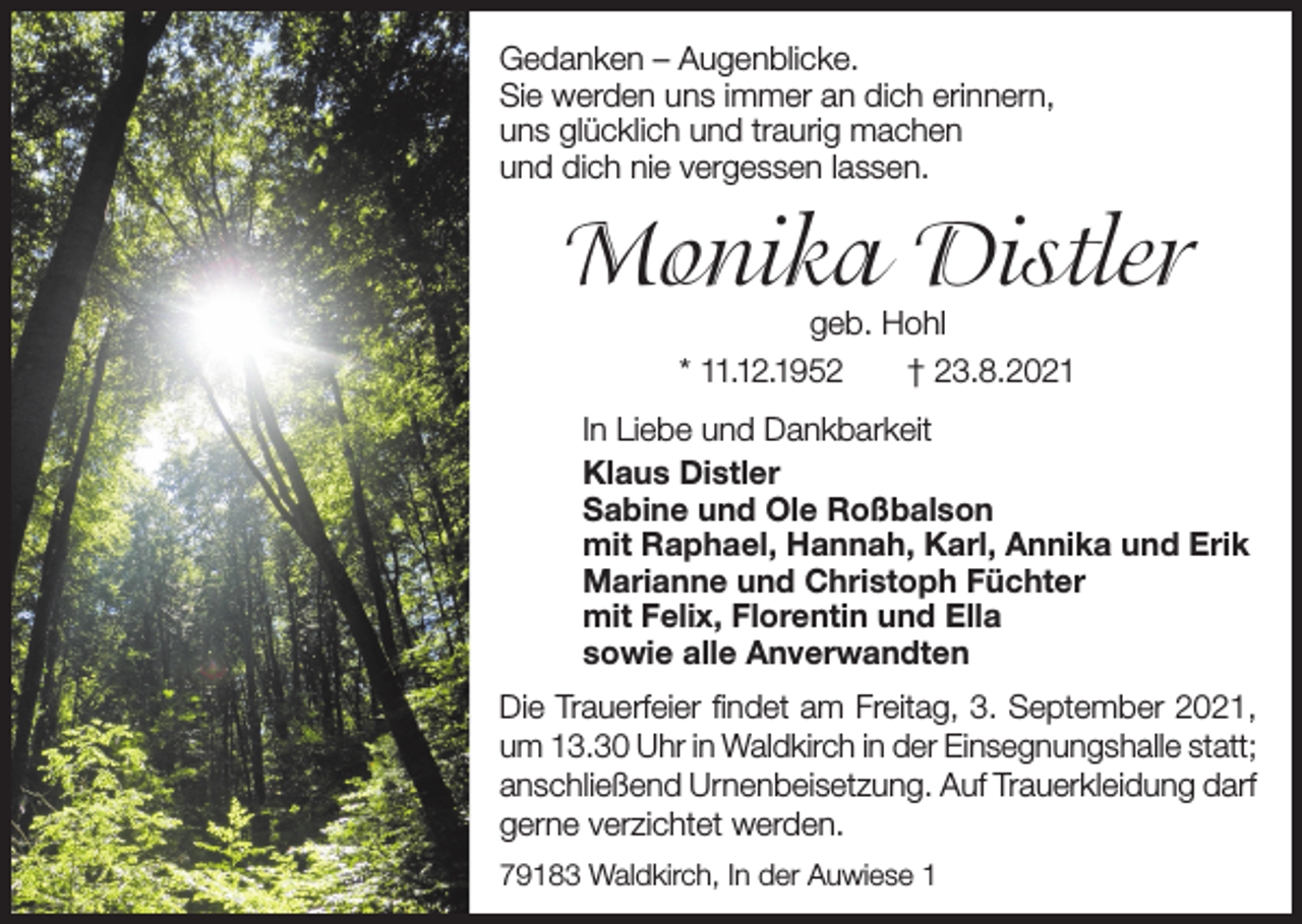Monika Distler | Traueranzeigen, Nachrufe & Danksagungen auf BZtrauer.de