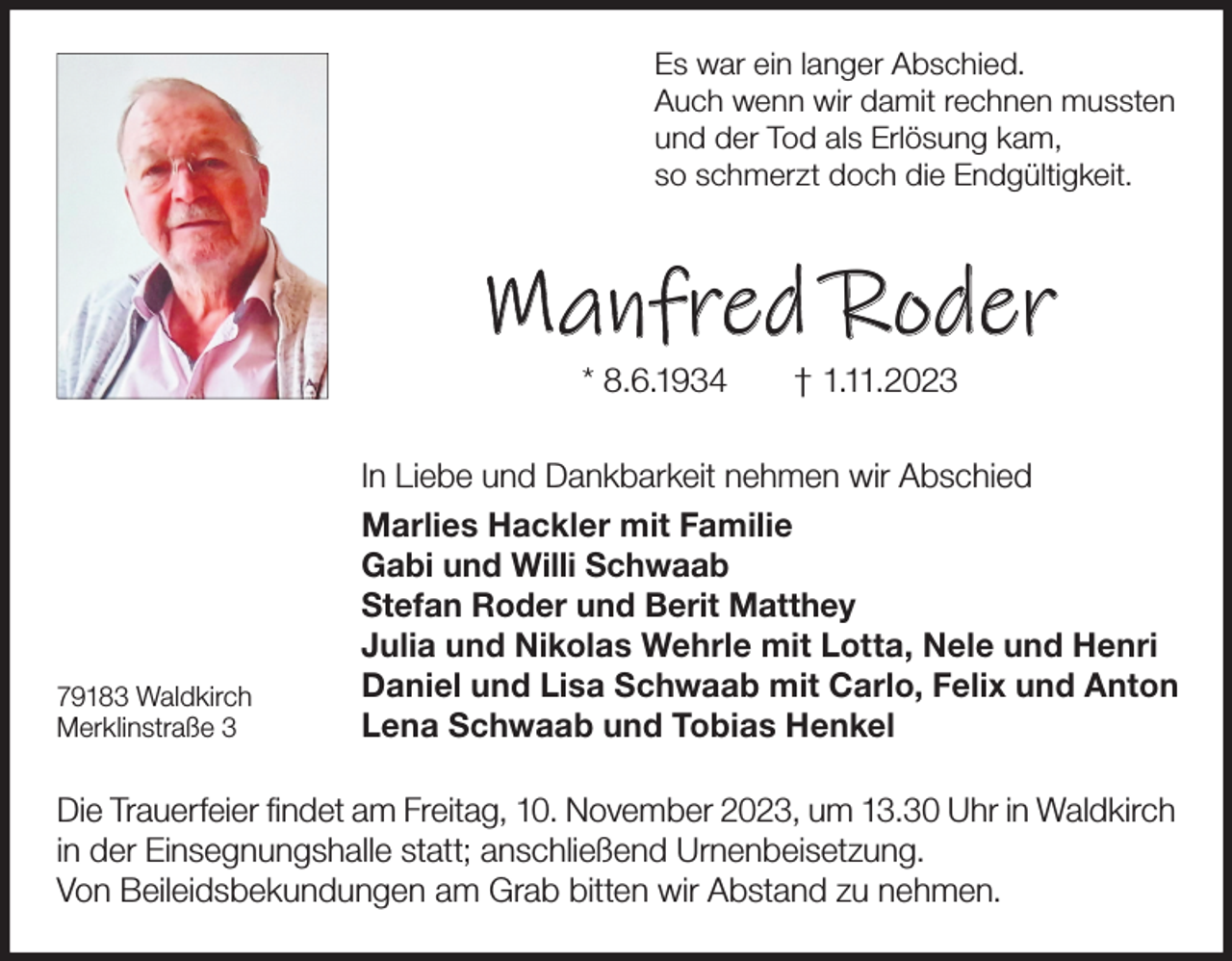 Manfred Roder | Traueranzeigen, Nachrufe & Danksagungen auf BZtrauer.de