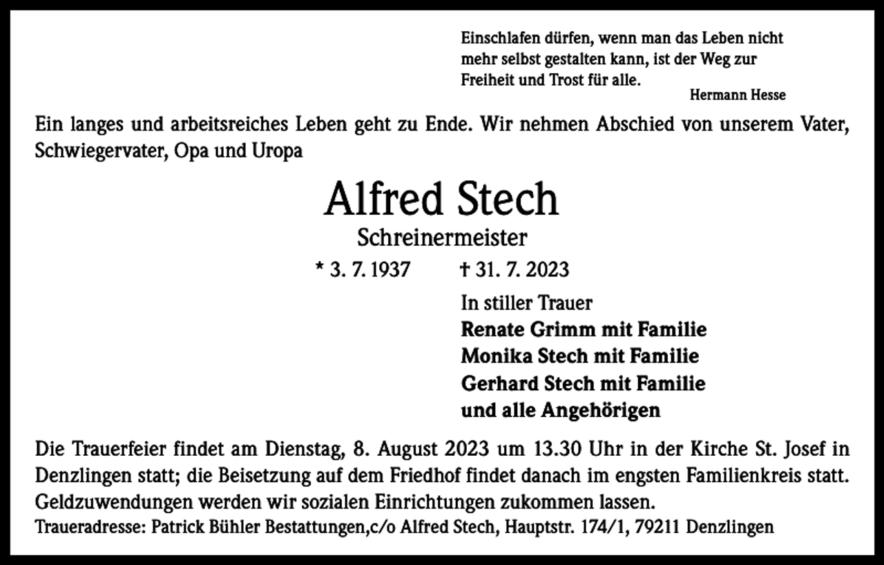 Alfred Stech | Traueranzeigen, Nachrufe & Danksagungen auf BZtrauer.de