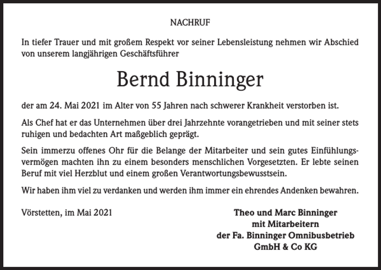 Bernd Binninger | Traueranzeigen, Nachrufe & Danksagungen auf BZtrauer.de