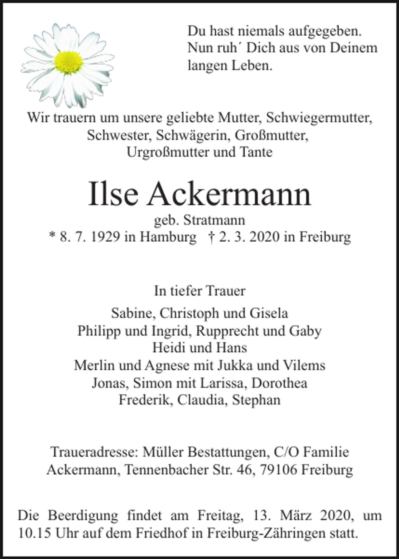 Ilse Ackermann | Traueranzeigen, Nachrufe & Danksagungen auf BZtrauer.de