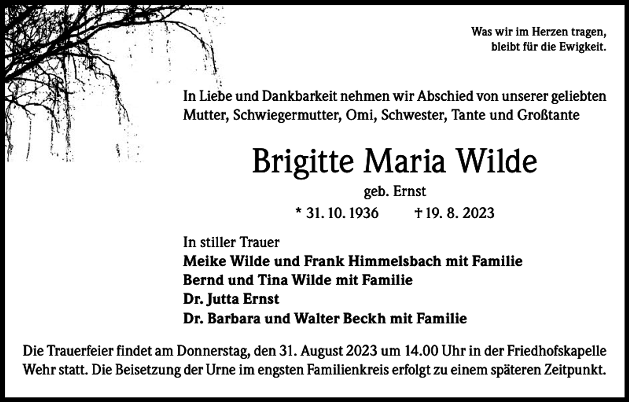 Brigitte Wilde | Traueranzeigen, Nachrufe & Danksagungen auf BZtrauer.de
