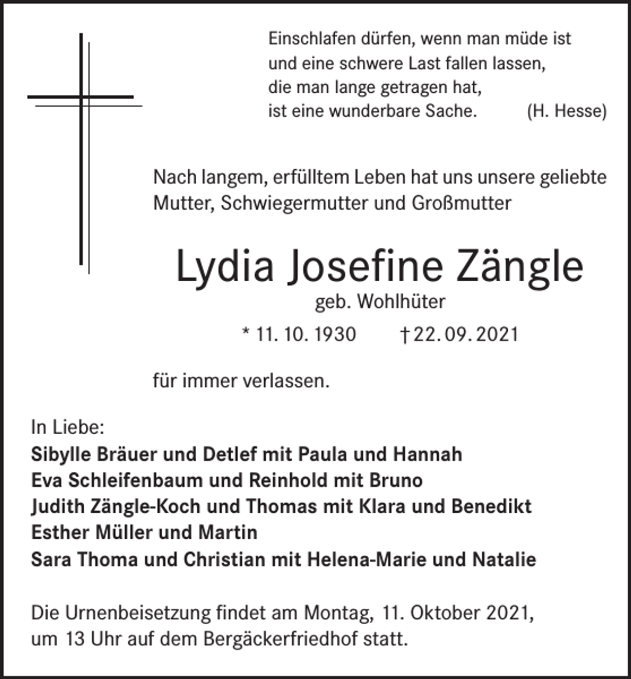 Lydia Josefine Zängle | Traueranzeigen, Nachrufe & Danksagungen auf ...