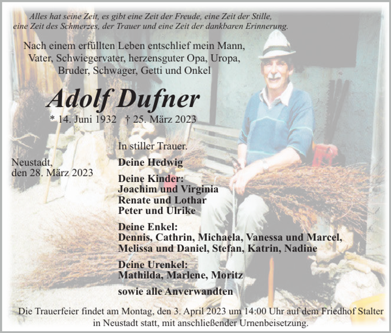 Adolf Dufner | Traueranzeigen, Nachrufe & Danksagungen auf BZtrauer.de