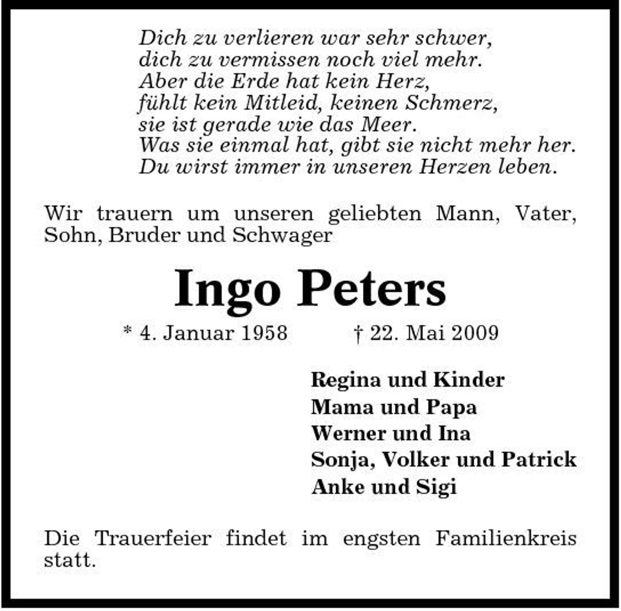 Ingo Peters | Nach Familienanzeigen suchen - Nachrufe, Traueranzeigen ...