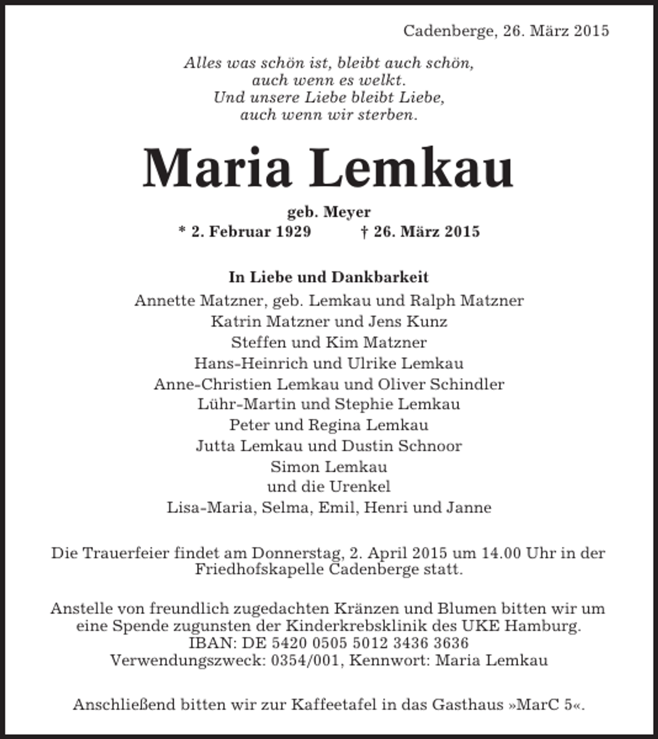 Maria Lemkau | Nach Familienanzeigen suchen - Nachrufe, Traueranzeigen ...